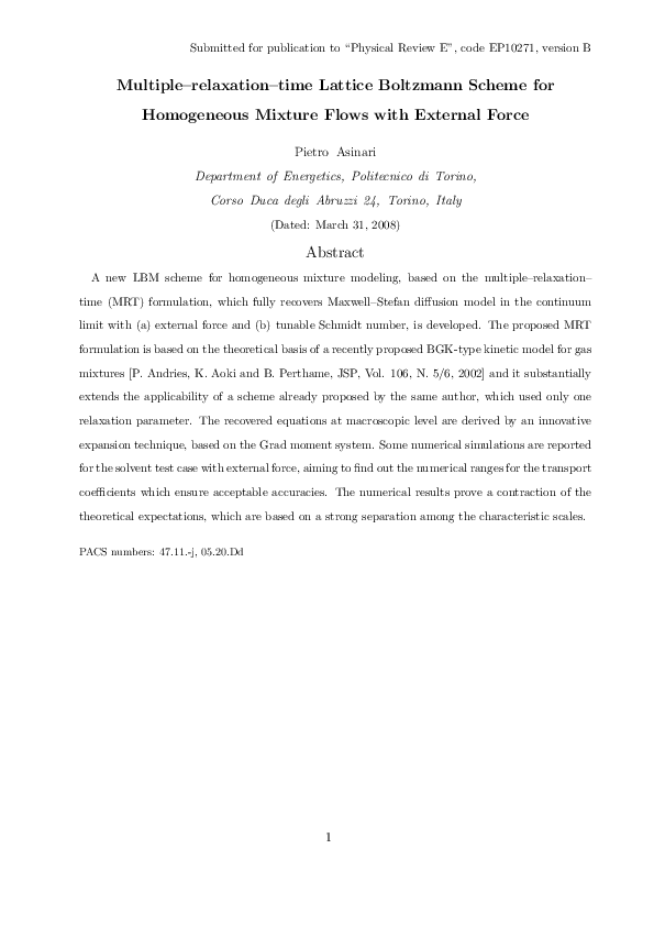 (PDF) Multiple–relaxation–time Lattice Boltzmann Scheme for Homogeneous Mixture Flows with ...