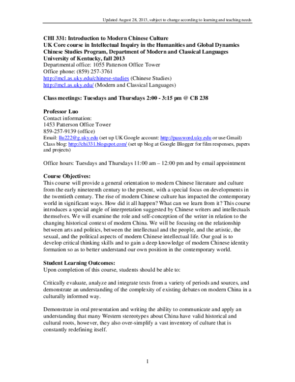 Fall 13 Syllabus for CHI 331: Introduction to Modern Chinese Culture