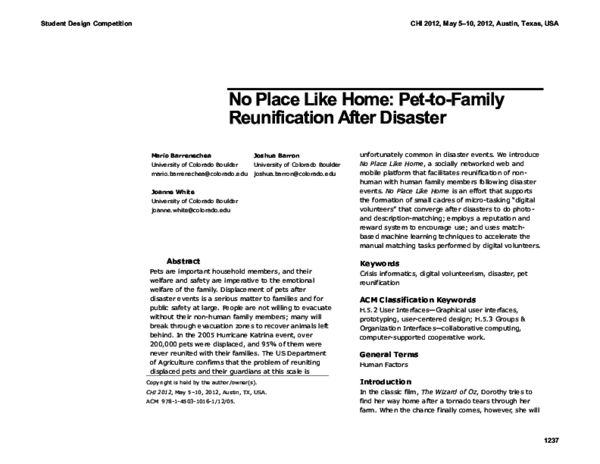 (PDF) No Place Like Home: Pet-to-Family Reunification after Disaster