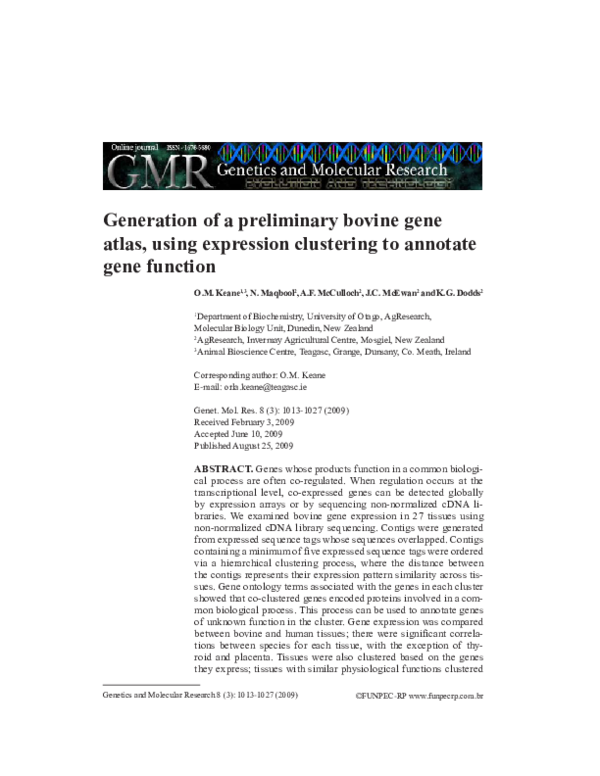 (PDF) Generation of a preliminary bovine gene atlas, using expression clustering to annotate ...