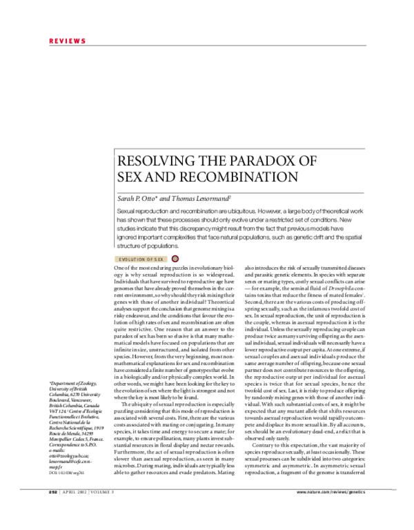 Pdf Resolving The Paradox Of Sex And Recombination