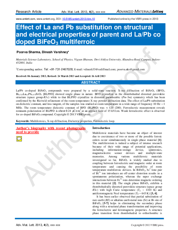 (PDF) Effect Of La And Pb Substitution On Structural And Electrical Properties Of Parent And La ...