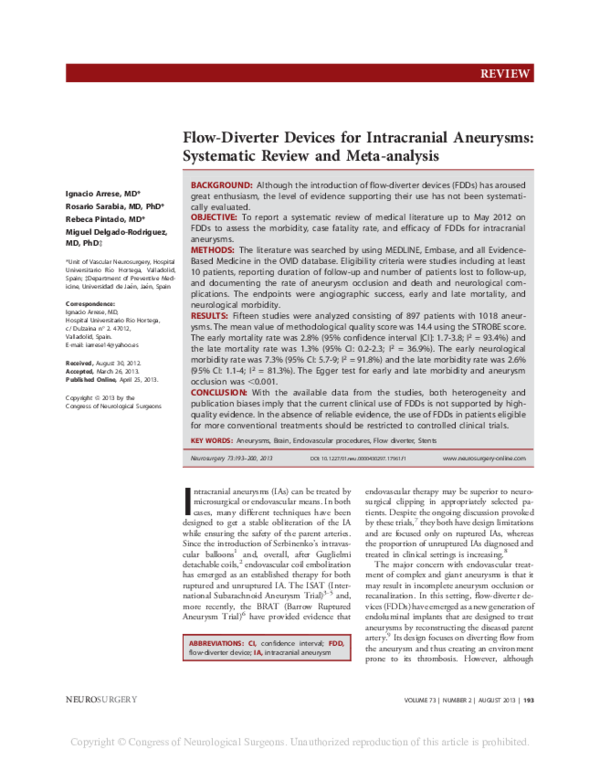 (PDF) Flow-Diverter Devices for Intracranial Aneurysms: Systematic Review and Meta-analysis