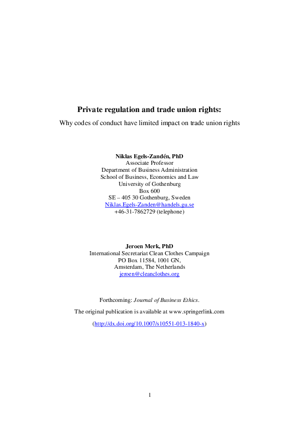 (PDF) Private Regulation and Trade Union Rights: Why Codes of Conduct ...