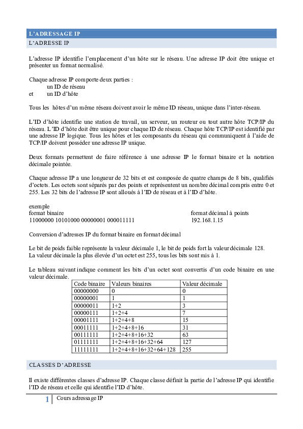 (PDF) 1 Cours adressage IP L’ADRESSAGE IP L’ADRESSE IP