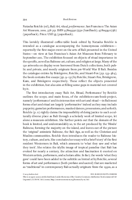(PDF) 2013. Natasha Reichle (ed), ‘Bali: Art, ritual, performance’ [Review]