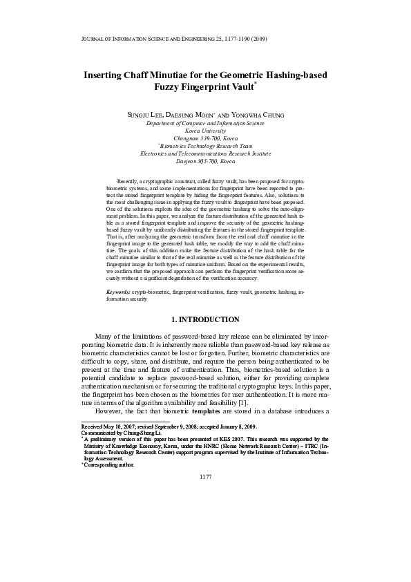 Pdf Inserting Chaff Minutiae For The Geometric Hashing Based Fuzzy Fingerprint Vault