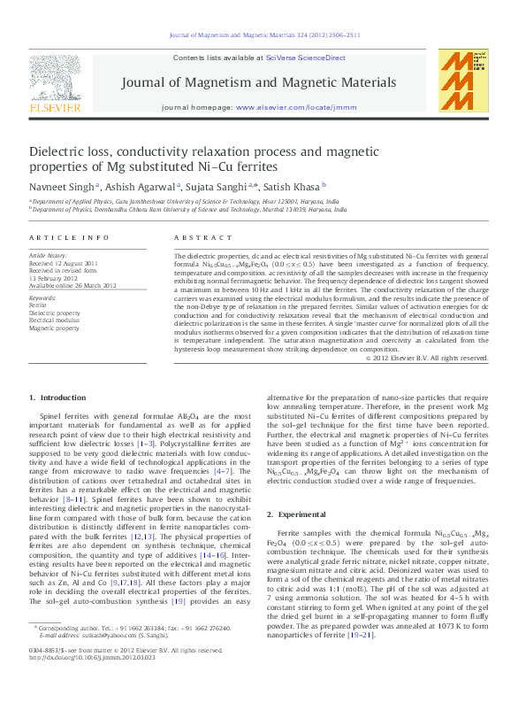 (PDF) Dielectric loss, conductivity relaxation process and magnetic properties of Mg substituted ...