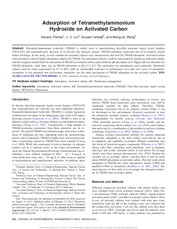 Adsorption of tetramethylammonium hydroxide (TMAH) on activated carbon