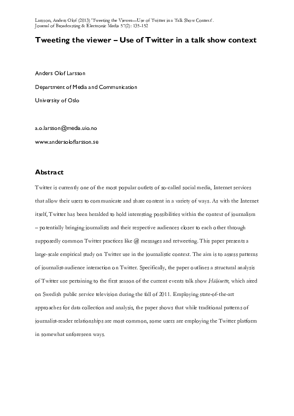 (PDF) Tweeting the viewer – Use of Twitter in a talk show context