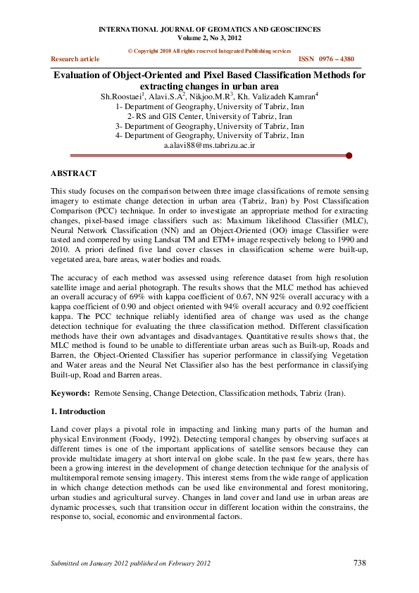 Pdf Evaluation Of Object Oriented And Pixel Based Classification Methods Ali Alavi