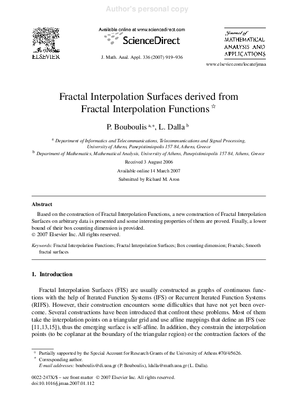 Pdf Fractal Interpolation Surfaces Derived From Fractal Interpolation 3010