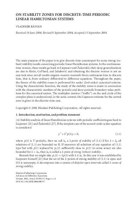 (PDF) On stability zones for discrete-time periodic linear Hamiltonian systems