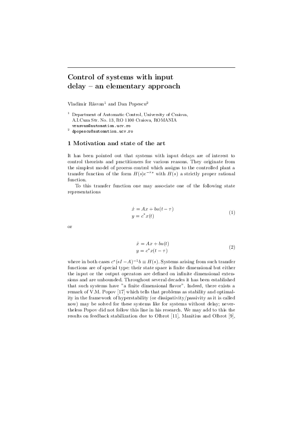(PDF) Control of Systems with Input Delay—An Elementary Approach