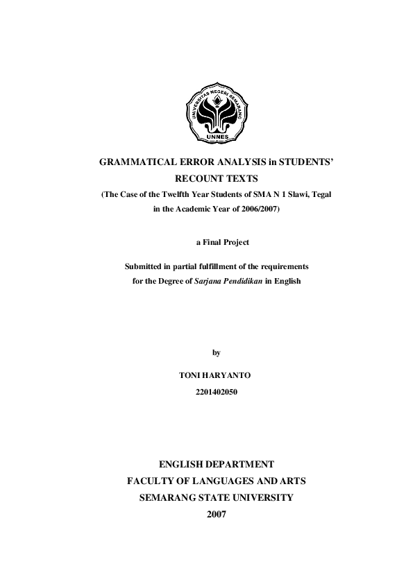 (PDF) GRAMMATICAL ERROR ANALYSIS in STUDENTS’ RECOUNT TEXTS
