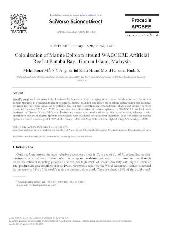 (PDF) Colonization of Marine Epibiota around WABCORE Artificial Reef at ...