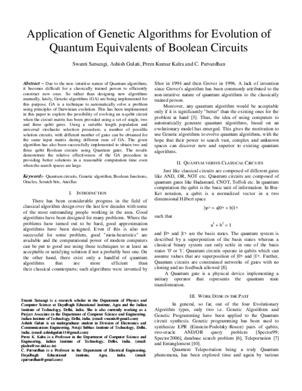 Pdf Application Of Genetic Algorithms For Evolution Of Quantum