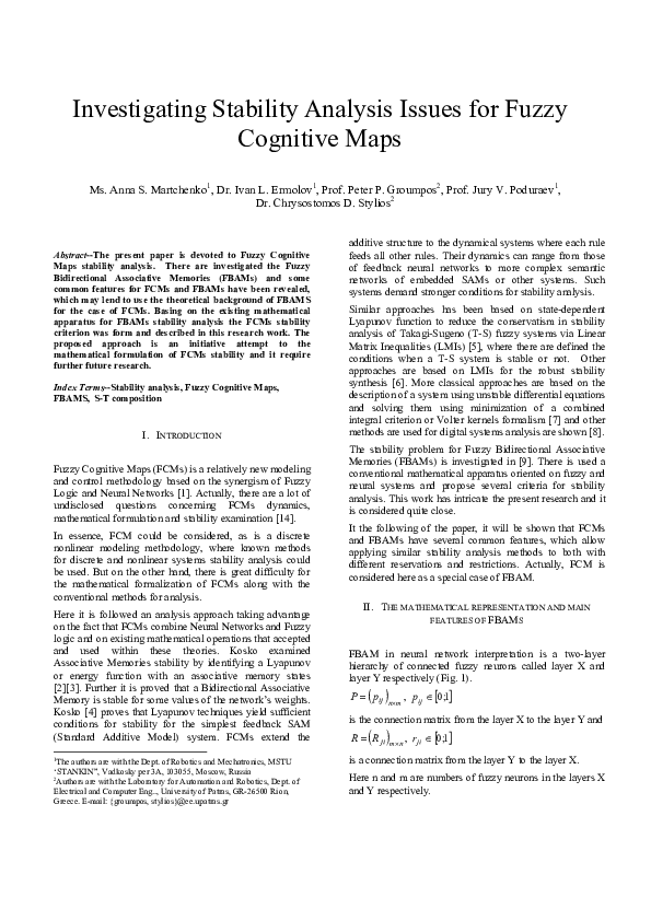 (PDF) “Investigating Stability Analysis issues for Fuzzy Cognitive Maps”