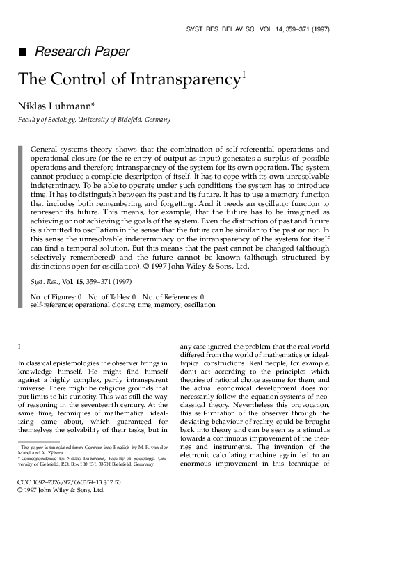(PDF) Luhmann Control Of Intransparency