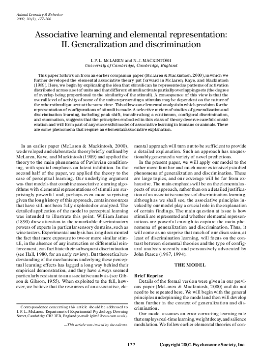 (PDF) Associative learning and elemental representation: II. Generalization and discrimination