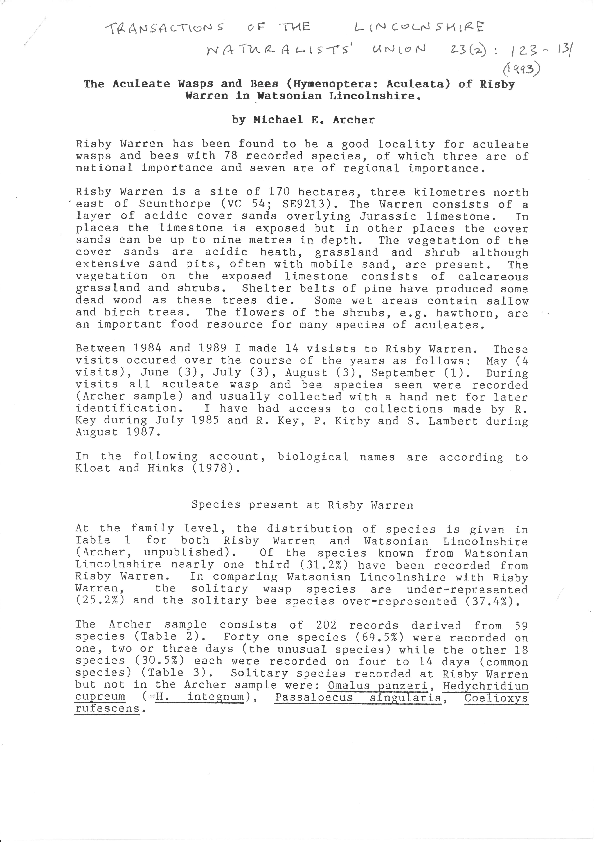 (PDF) The aculeate wasps and bees (Hymenoptera: Aculeata) of Risby ...