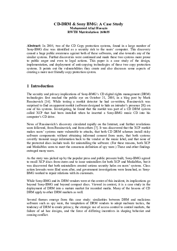 (PDF) CD-DRM & Sony BMG: A Case Study