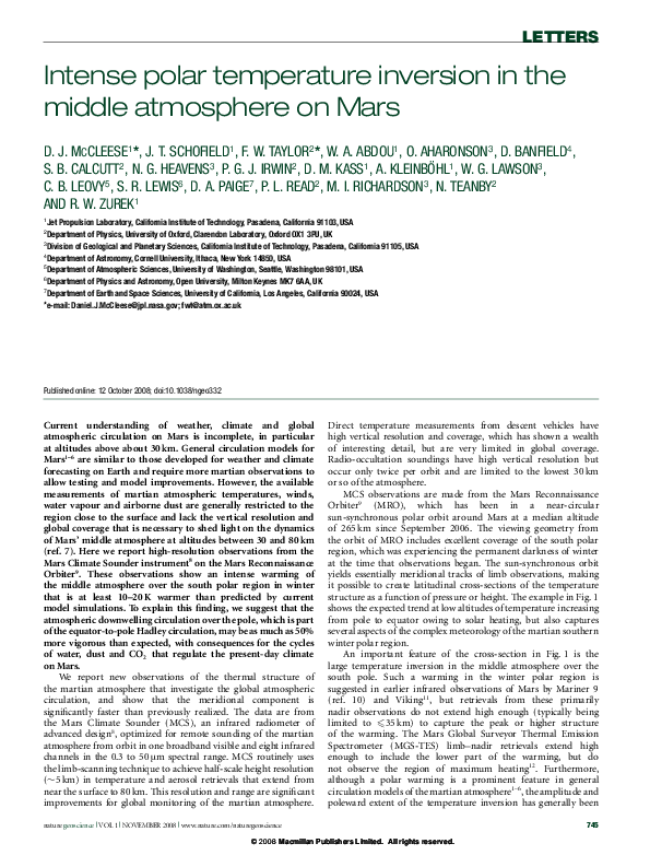 (PDF) Intense polar temperature inversion in the middle atmosphere on Mars