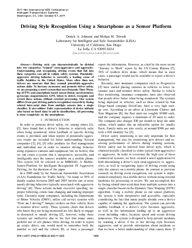 (PDF) Driving Style Recognition Using a Smartphone as a Sensor Platform