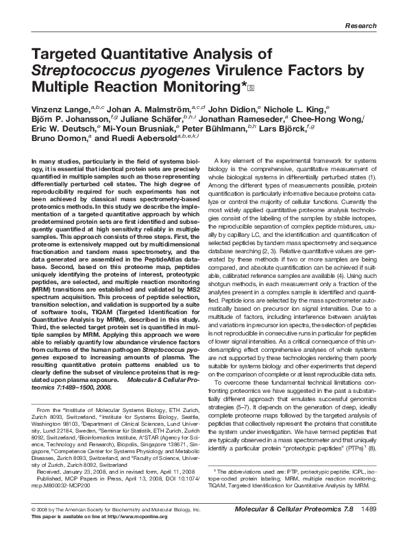 Pdf Targeted Quantitative Analysis Of Streptococcus Pyogenes Virulence Factors By Multiple