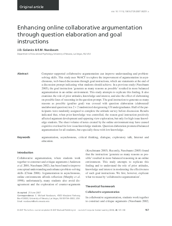 (PDF) Enhancing online collaborative argumentation through question elaboration and goal ...