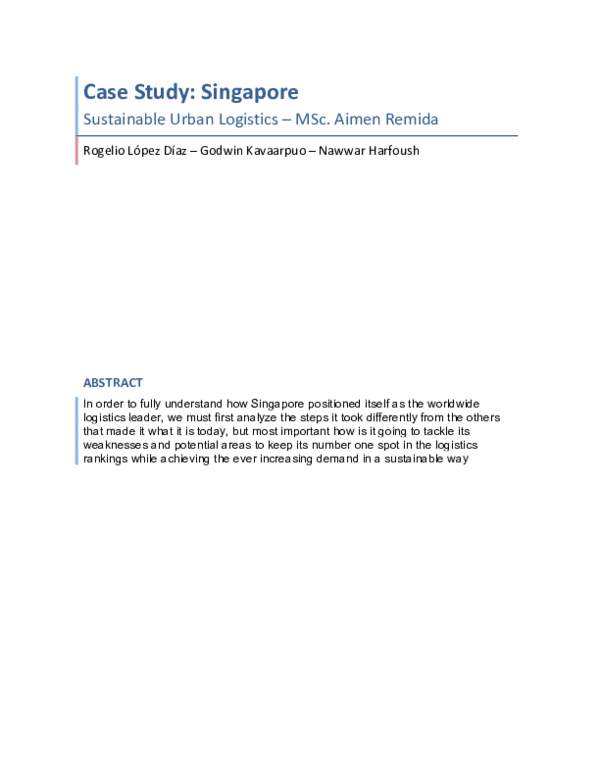 (PDF) Case Study: Singapore Sustainable Urban Logistics – MSc. Aimen Remida