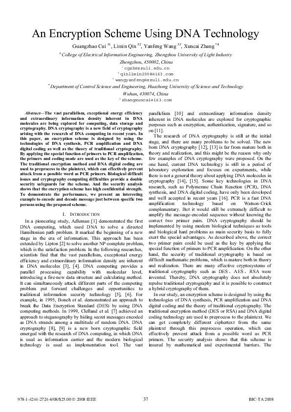 Pdf An Encryption Scheme Using Dna Technology