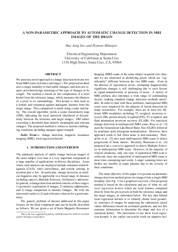 (PDF) A Non-Parametric Approach to Automatic Change Detection in MRI Images of the Brain