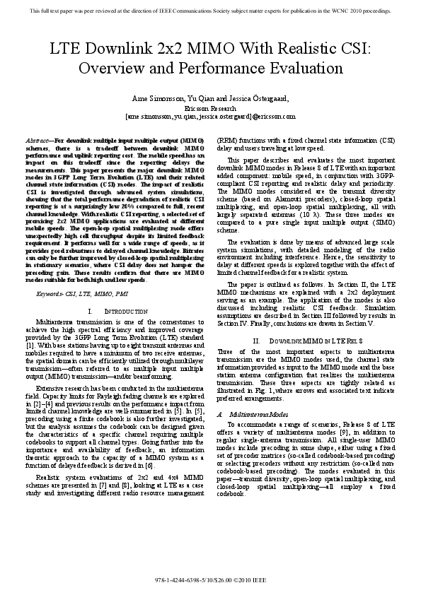 Pdf Lte Downlink 2x2 Mimo With Realistic Csi Overview And Performance Evaluation