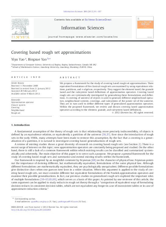 (PDF) Covering based rough set approximations