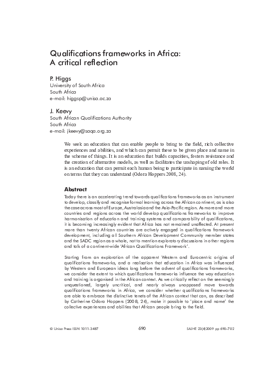 Pdf Qualifications Frameworks In Africa A Critical Reflection