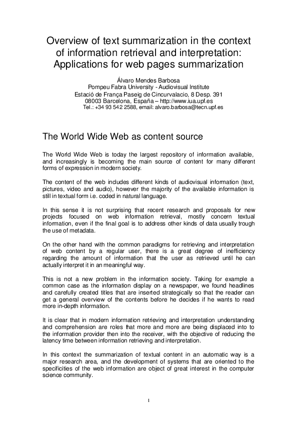 Pdf Overview Of Text Summarization In The Context Of Information