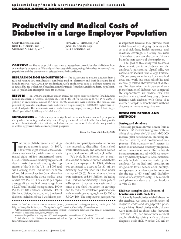 (PDF) Productivity and Medical Costs of Diabetes in a Large Employer ...