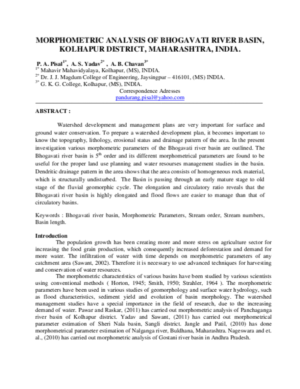 (DOC) MORPHOMETRIC ANALYSIS OF BHOGAVATI RIVER BASIN, KOLHAPUR DISTRICT ...