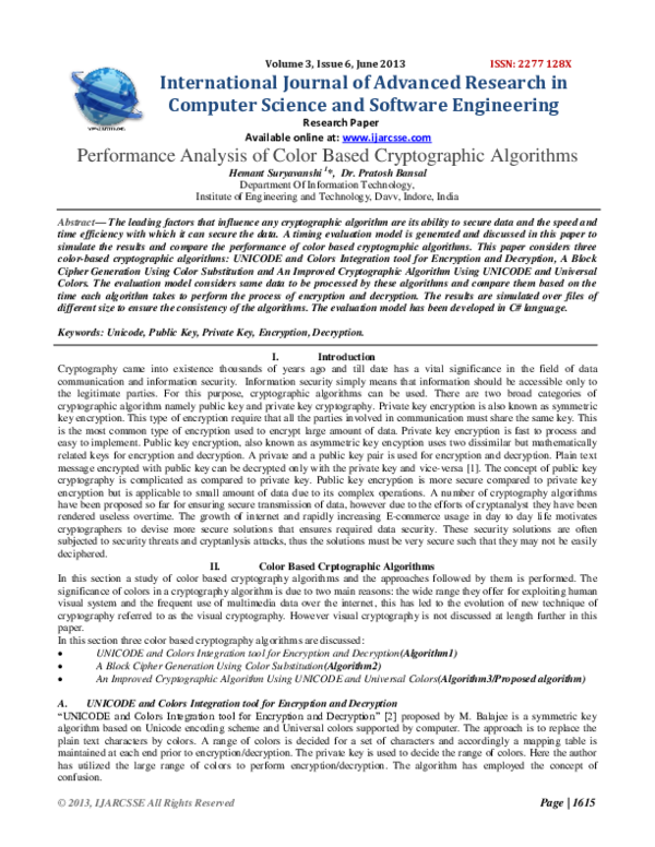 Pdf Performance Analysis Of Color Based Cryptographic Algorithms