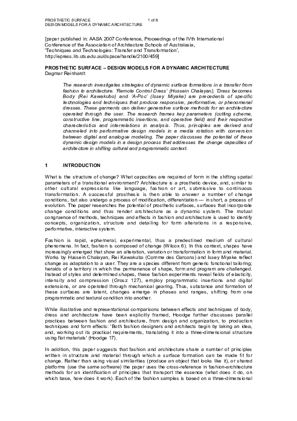 (PDF) PROSTHETIC SURFACE – DESIGN MODELS FOR A DYNAMIC ARCHITECTURE