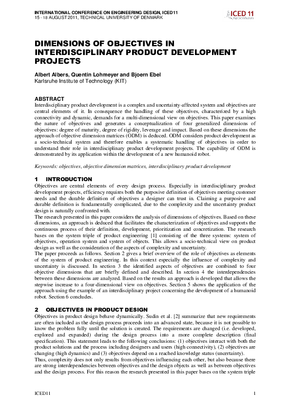 (PDF) Dimensions of Objectives in Interdisciplinary Product Development Projects