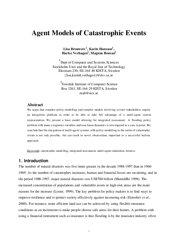 (PDF) Agent Models of Catastrophic Events