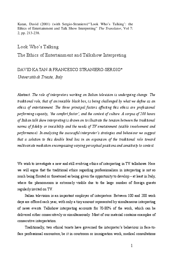 (DOC) Look Whos Talking the Ethics of Entertainment and Talk Show Interp