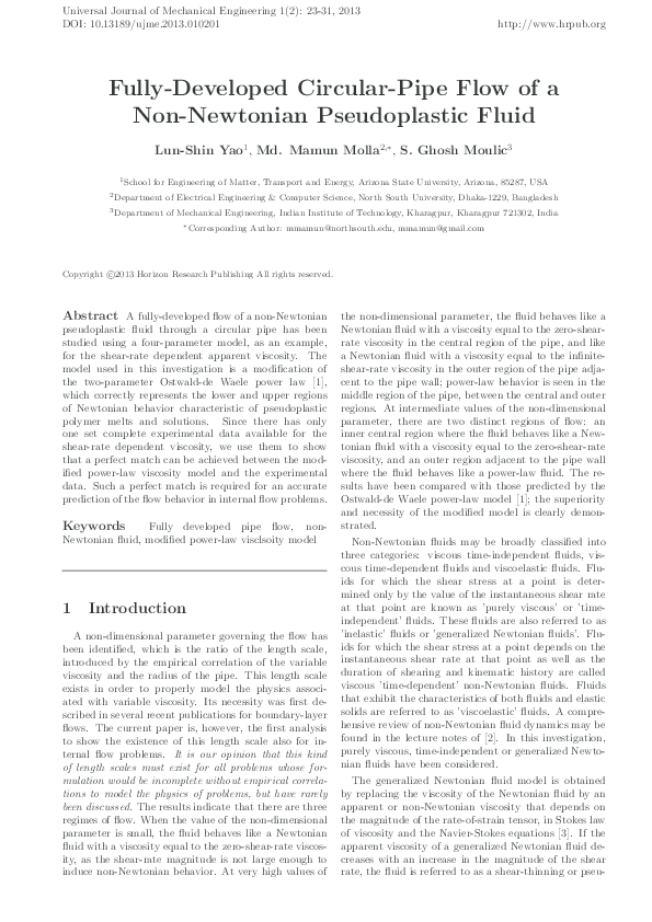 Fully-Developed Circular-Pipe Flow of a Non-Newtonian Pseudoplastic Fluid