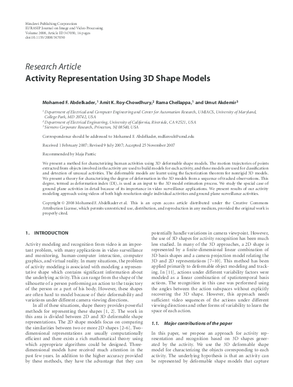(PDF) ResearchArticle Activity Representation Using 3D Shape Models