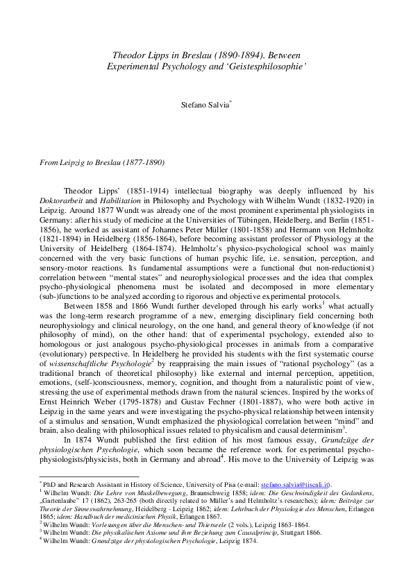 (PDF) Theodor Lipps in Breslau (1890-1894). Between Experimental ...