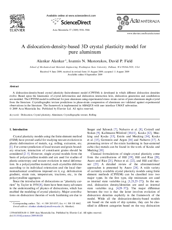 (PDF) A dislocation-density-based 3D crystal plasticity model for pure aluminum