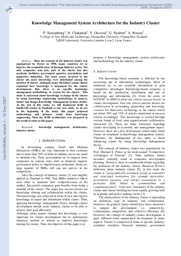 (PDF) Knowledge management system architecture for the industry cluster
