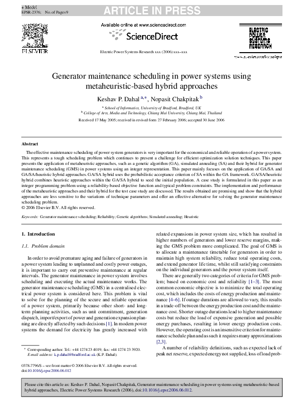 Pdf Generator Maintenance Scheduling In Power Systems Using Metaheuristic Based Hybrid Approaches